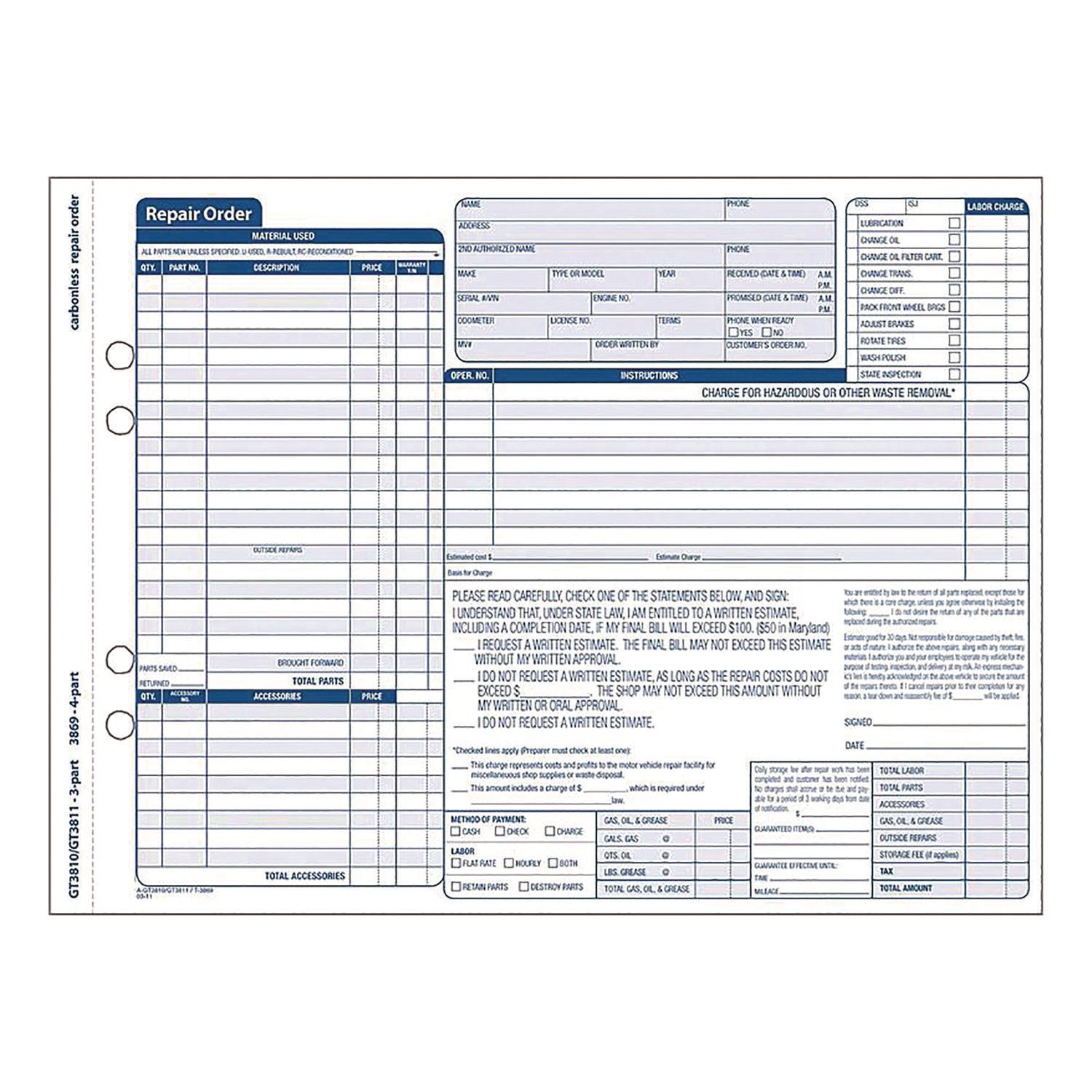 Adams® Multipart Auto Repair Work Order Forms with Checklist for