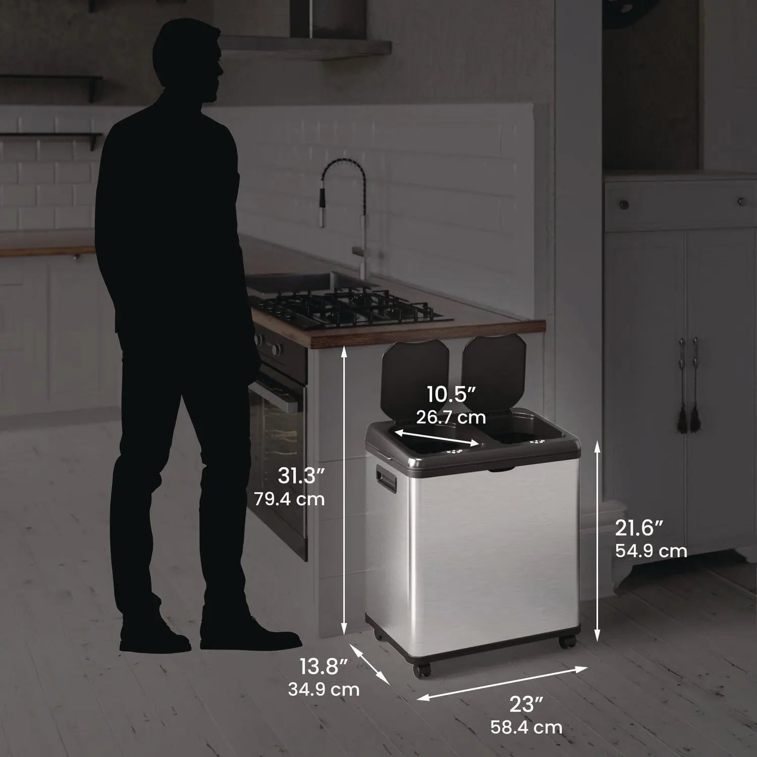 Dual Compartment Sensor Recycle Bin and Trash Can with Wheels, 16 gal,